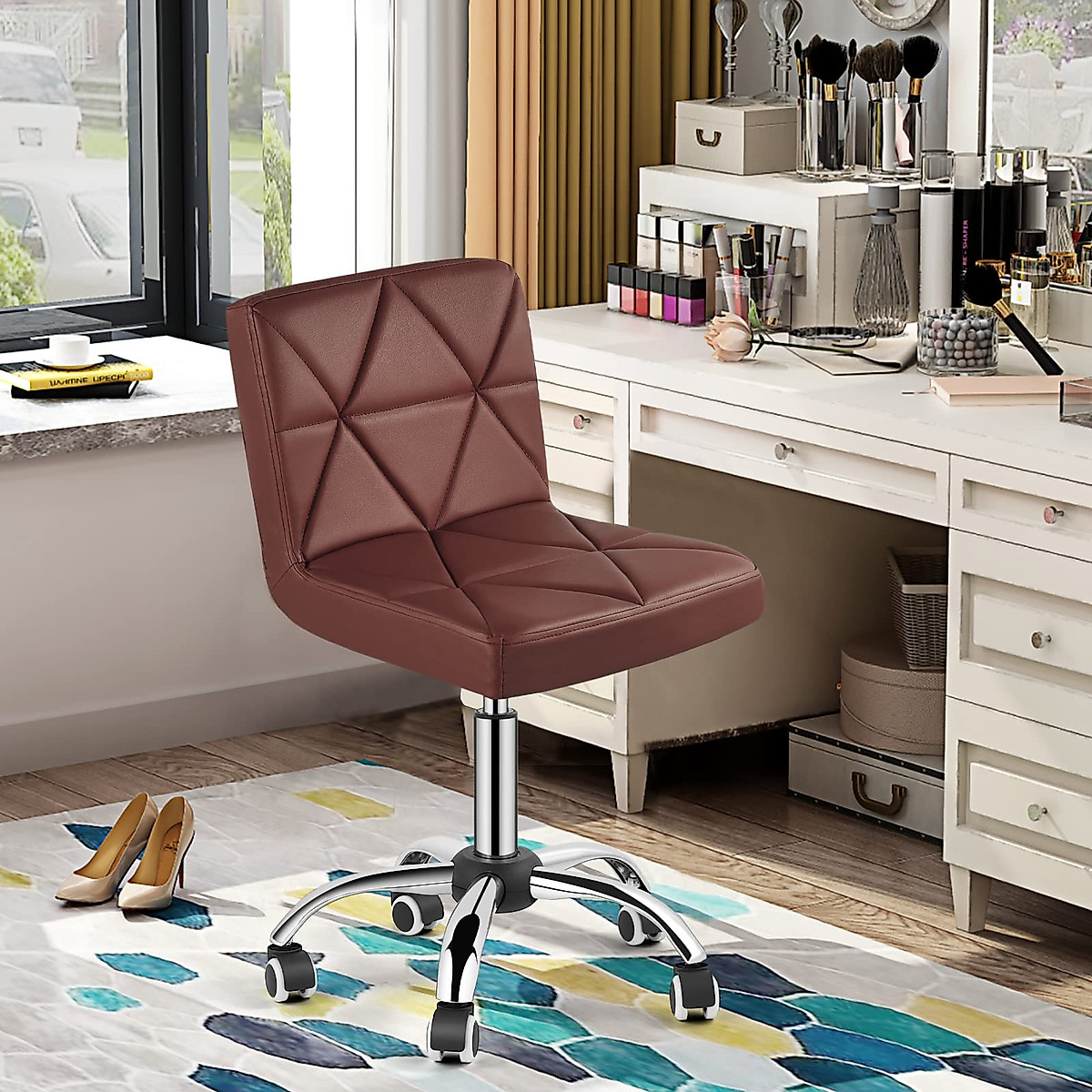 COSVALVE Armless Desk Chair, Low Back 360 Swivel Office Chair, Height Adjustable Executive Conference Task Chair with Rolling Wheels and Diamond Pattern for Home Bedroom Computer Barber, Brown