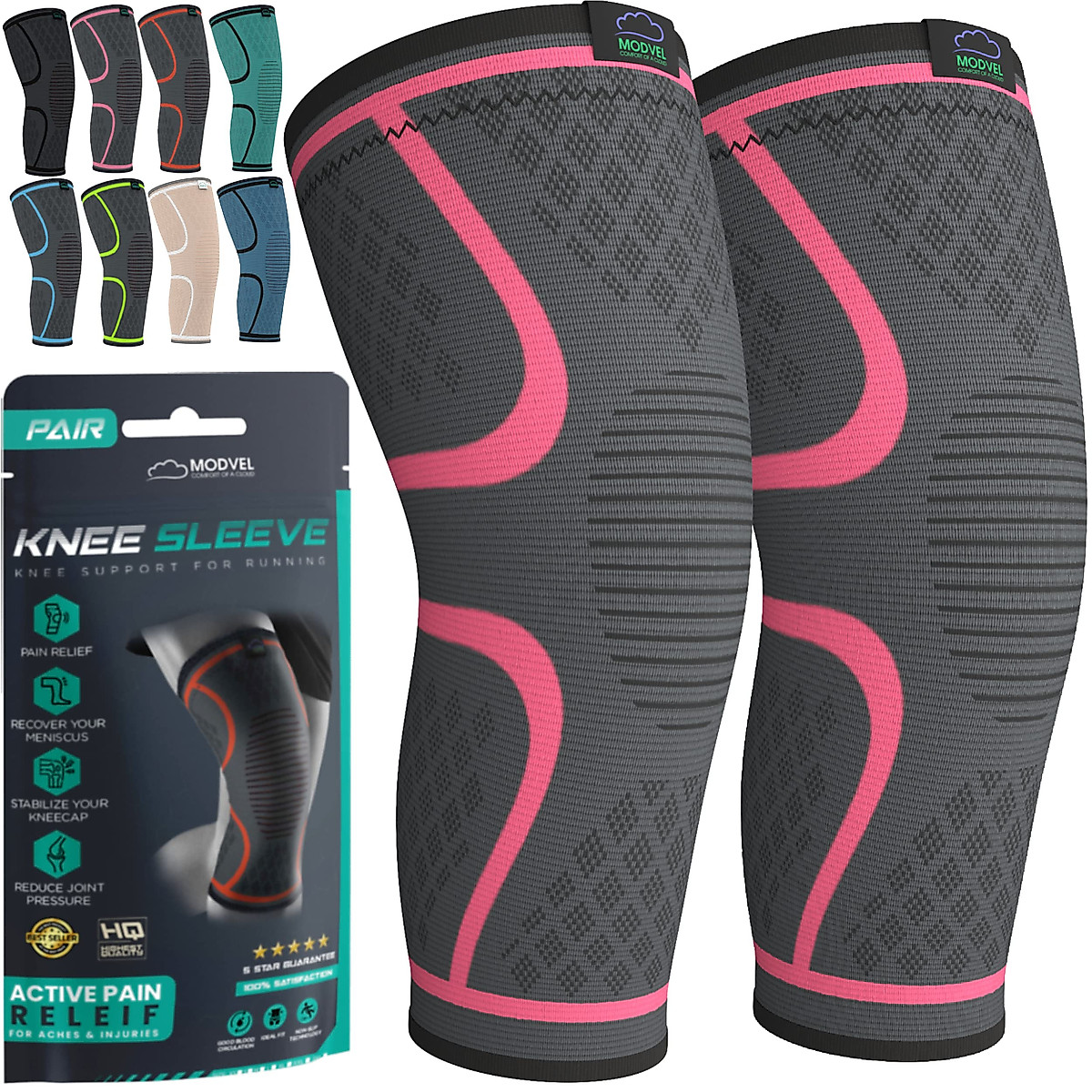 Modvel Knee Compression Sleeve for Knee Pain Relief & Knee Support - Pack of 2 Knee Sleeves for Women & Men, 1 Pair of Knee Brace for Running, Cycling, Workout, Sports, & Recovery - X-Large, Pink