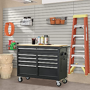 Rolling Tool Chest Cabinet Mobile Tool Storage Cabinet with Rubber Wood Top & 9 Drawers, Rolling Tool Box Heavy Duty Workstation Workbench for Garage, Workshop with Power Strip, 1500lbs Load Capacity