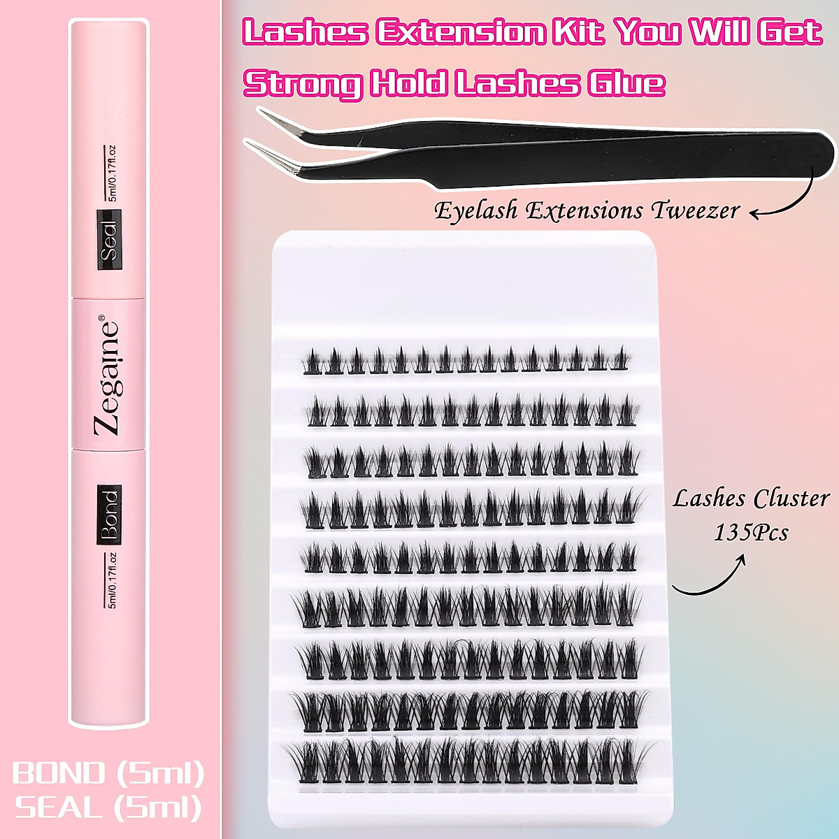 Zegaine Lash Extension Kit Manga Cluster Lashes CC Curl Individual Lashes Kit DIY at Home Natural Eyelash Extension False Eyelashes Kit with Applicator Tool and Lash Bond & Seal Glue 135 Pcs