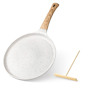 Zalnuuk Crepe Pan, 11 Inch Nonstick Dosa Tawa with Spreader, for All Stove, Tortilla Pan with Detachable Handle, Cream White