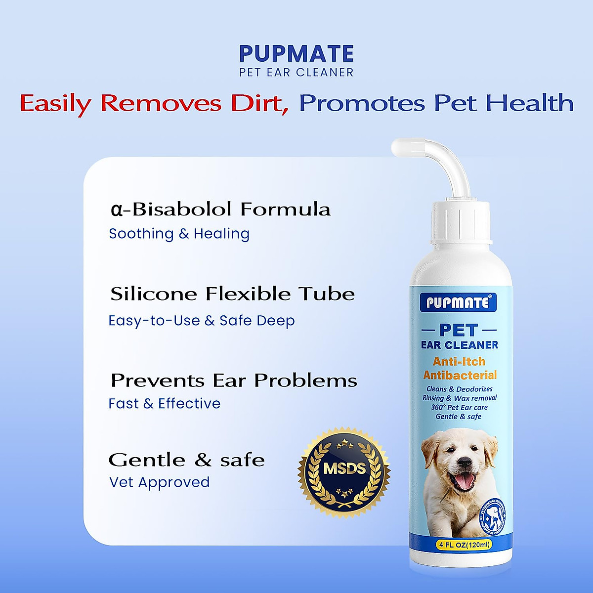Dog Ear Cleaner - Soothes Inflammation & Infection Treatment with 1% α-bisabolol, Itching Relief, Removes Wax & Deodorizes, Gentle & Hypoallergenic for Dogs/Cats, Easy to Use, with 60 Swabs, 4 fl oz