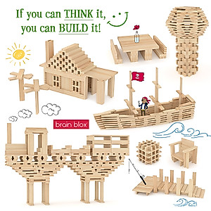 Brain Blox Natural Wooden Blocks for Kids Ages 4-8 - Montessori Blocks for Hands-on Learning - STEM and Architecture for Kids (300 Building Blocks)