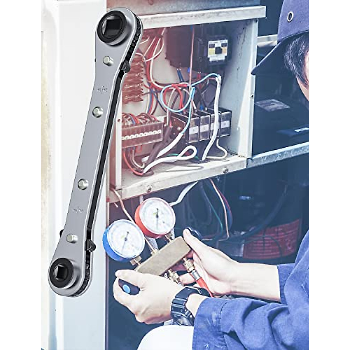 HVAC Service Wrench, Refrigeration Ratcheting Wrench 3/8” 1/4” 5/16'' 3/16'' AC Wratchet Tool with Hex Bit Adapter UIInosoo for Air Conditioning, Refrigeration Equipment, Gas Furnace