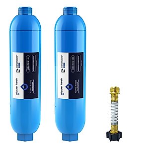GLACIER FRESH RV/Marine Water Filter with 1 Flexible Hose Protector, Greatly Reduces Bad Taste, Odors, Chlorine and Sediment in Drinking Water, 2 Pack