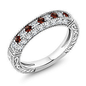 1.00 Ct Garnet and White Created Sapphire 925 Sterling Silver Ladies Anniversary Wedding Band Ring,Red and White, ring size 8