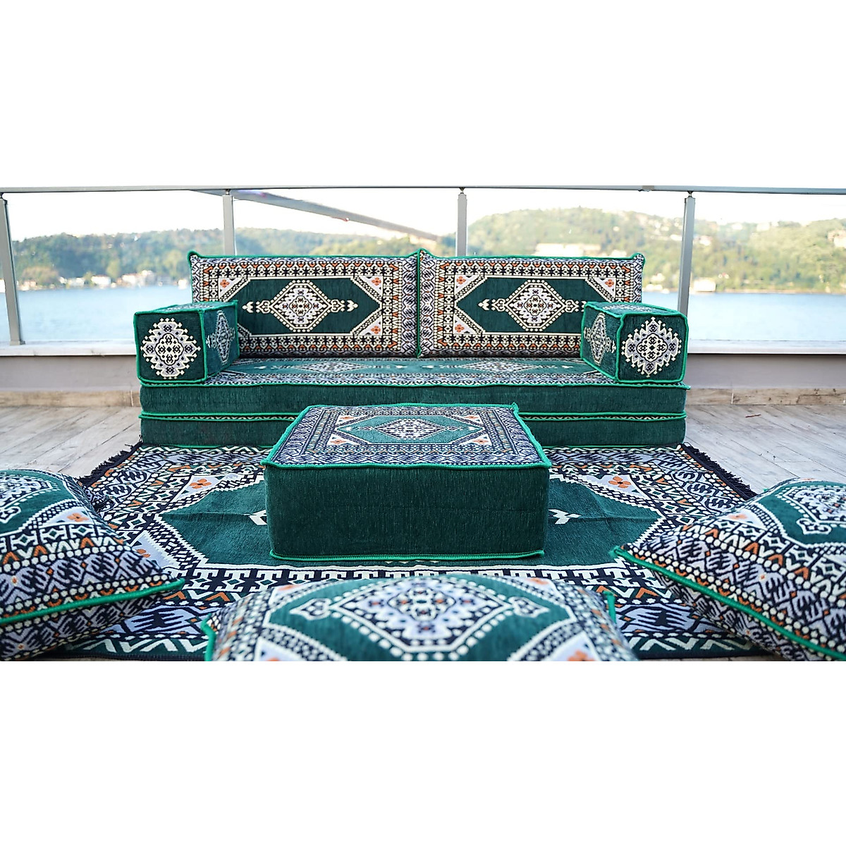 Green Floor Couch Set, Sectional Sofas, Arabic Floor Sofa Set, Yoga Meditation Mat, Futon Sofa Bed, Sofa Covers (Sofa Full Set, 8'' Thickness (20 cm))