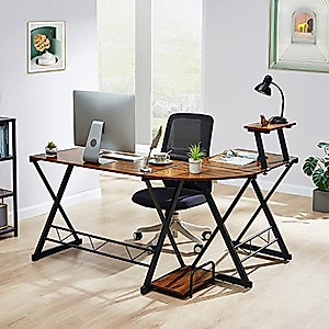 GreenForest L Shaped Desk 58” Reversible Corner Computer Desk with Movable Shelf and CPU Stand, Gaming Desk with Sturdy X Leg Space Saving Home Office Workstation Table, Walnut