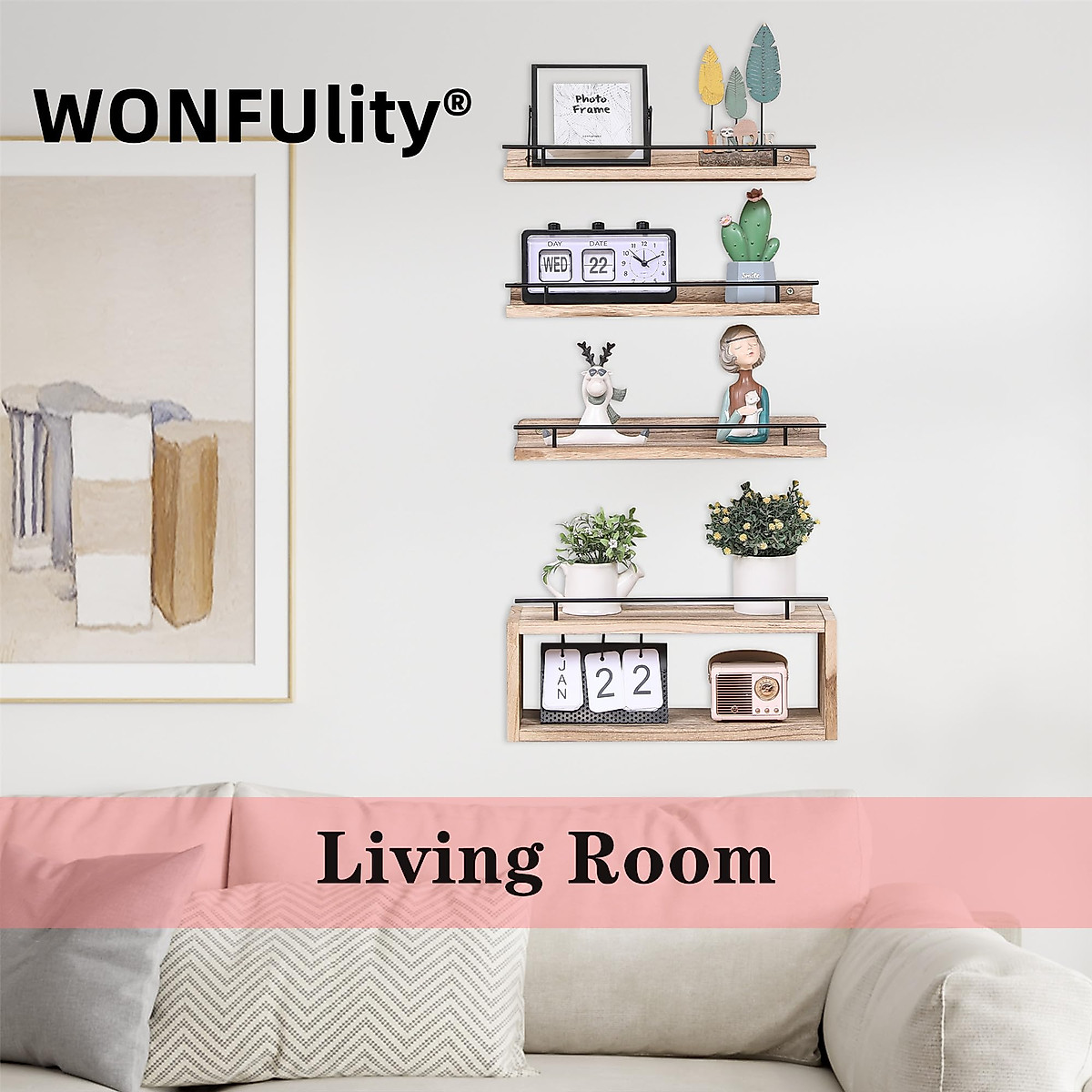 WONFUlity 3-Shelf Bathroom Shelves, Floating Shelves with Storage Basket, Over Toilet Paper Holder, Farmhouse Wood Wall Shelves for Living Room, Kitchen, 16x5.9x5.5 inches, Walnut