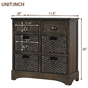 P PURLOVE Storage Cabinet Retro Style Storage Unit with 2 Drawers and 4 Baskets for Home Entryway Living Room (Dark Brown)