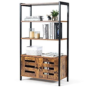 Tangkula Storage Cabinet, Industrial Bookshelf and Bookcase, Freestanding Floor Cabinet with 3 Shelves and 2 Louvered Doors, for Living Room Study Home Office, 27.5 x 12 x 47.5 Inch, Rustic Brown