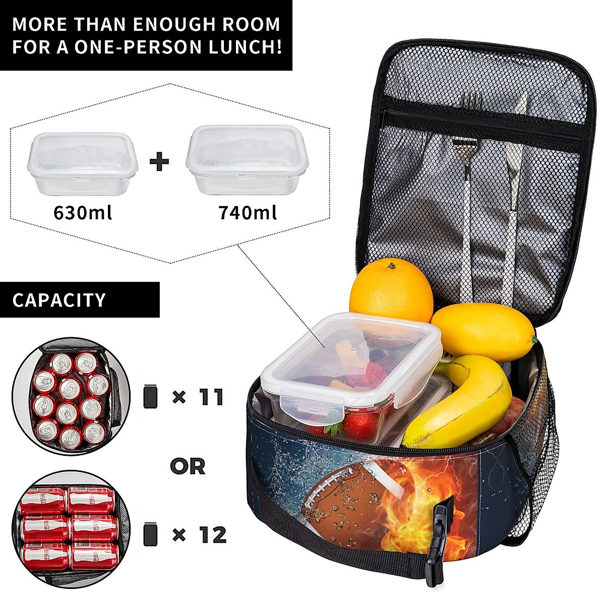 Yilad Ice Fire Football Reusable Lunch Box Insulated LunchBox Cooler Lunch Bag
