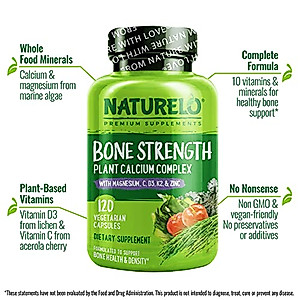 NATURELO Bone Strength - Plant-Based Calcium, Magnesium, Potassium, Vitamin D3, VIT C, K2 - GMO, Soy, Gluten Free Ingredients - Whole Food Supplement for Bone Health - 120 Vegan Friendly Capsules