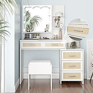 Maupvit Rattan Vanity Desk with Mirror and Lights, Boho Makeup Vanity Table Set with Nightstand, 5 Drawers & 10 Bulbs, Metal Silver Handle, 3 Open Shelves, Dressing Table with Cushioned Stool (White)