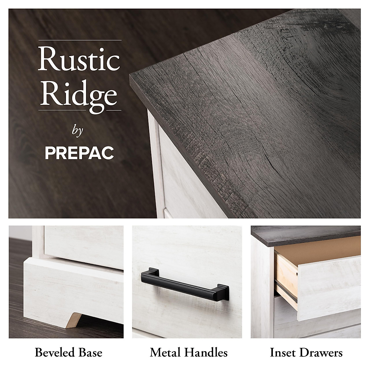 Prepac Rustic Ridge Farmhouse 6-Drawer Chest of Drawers for Bedroom, Wooden Bedroom Drawer Dresser with 6 Storage Drawers, 18.25in x 53.25in x 28.5in, Washed White, ADBR-1606-1