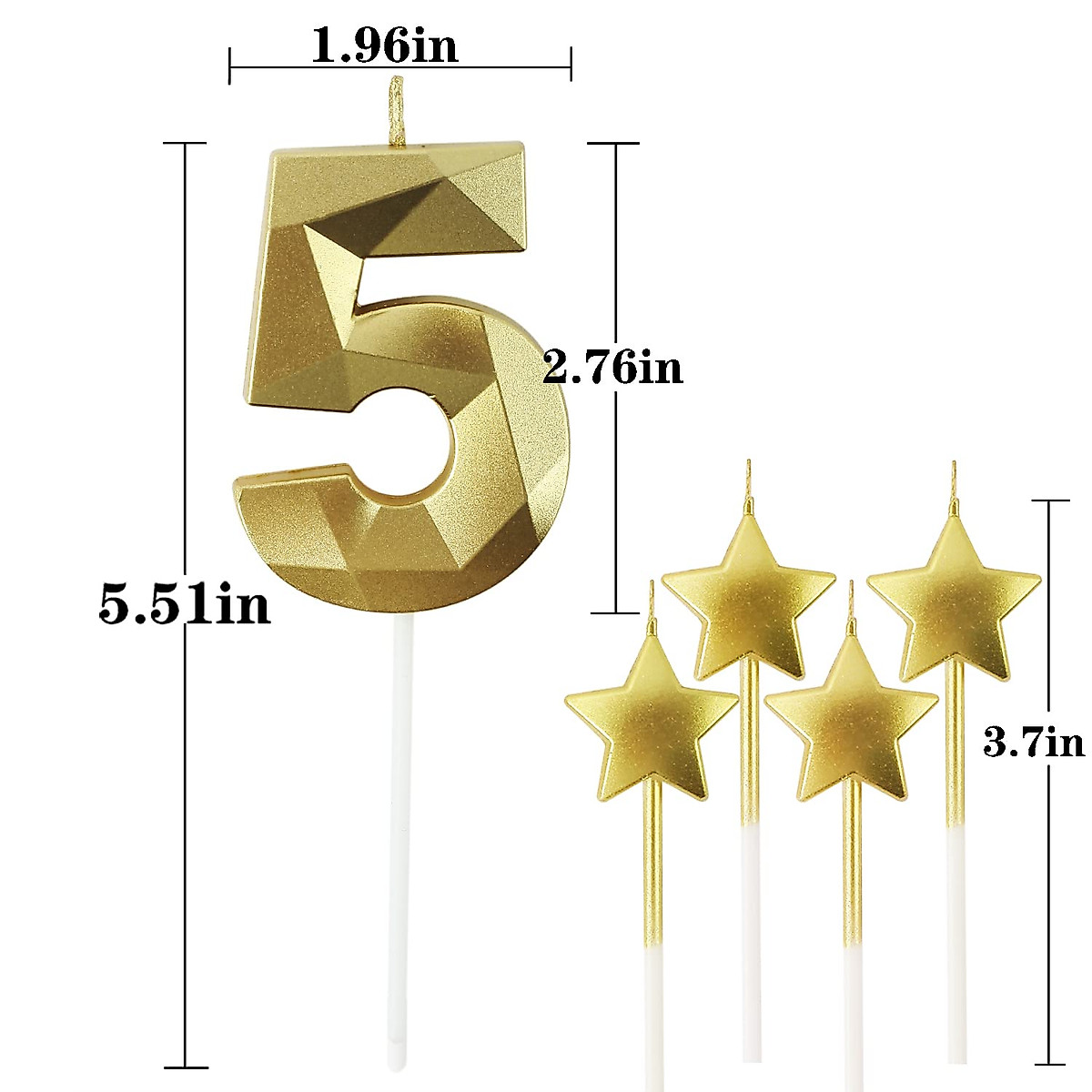 Golden Number 5 Birthday Candles and Star Birthday Candles 2.76 inch Birthday Cake Candles 3D Diamond Shaped Candles are Suitable for Birthday Parties and Anniversary Cake Decorations Candles(Gold 5)
