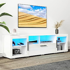 chartustriable 70 Inch Modern TV Stand with Music Sync LED Lights for 75 Inch TV, High Gloss Entertainment Center with Storage Cabinet, TV Media Console for Living Room Bedroom(White)