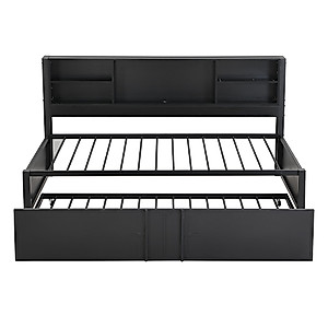 Harper & Bright Designs Twin Bed with Trundle and Storage Bookcase, USB Ports, Solid Wood Platform Bed Frame Twin Size Daybed Sofa Bed for Bedroom Living Room (Twin Size, Black)