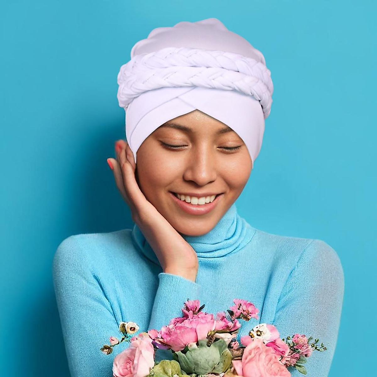 African Women Turban Caps Beanie Twist Headscarf Pre Tied Double Braid Headwrap Hat (White)