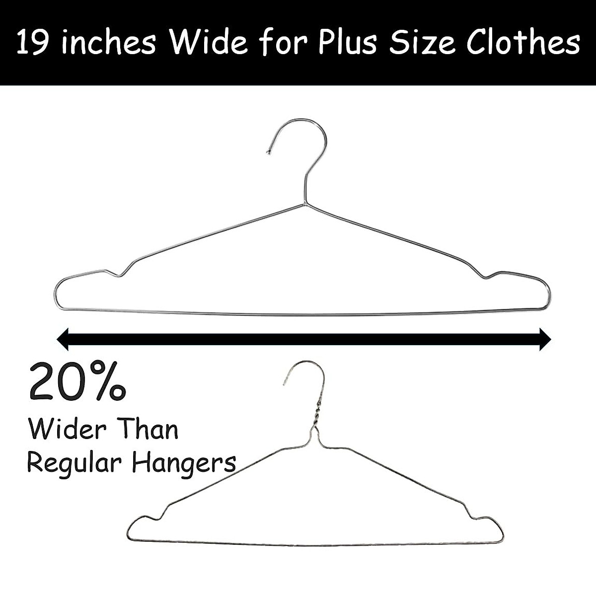 Extra Wide Wire Hangers for Plus Size Clothes, 19 Inch Stainless Steel Plus Size Hangers Ideal for XL, XXL Shirts, Coats, Dresses, Etc. Silver. 10pk.