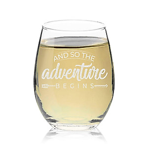 Veracco And So The Adventure Begins Stemless Wine Glass Funny BirthdayGift For Someone Who Loves Drinking Bachelor Party Favors (Clear, Glass)
