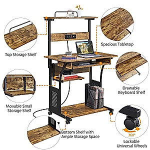 Yaheetech 3 Tiers Rolling Computer Desk on Wheels with Charging Station and Keyboard Tray, Mobile Home Office Desk PC Laptop Workstation with Power Outlet and USB Ports for Home Studying, Rustic Brown