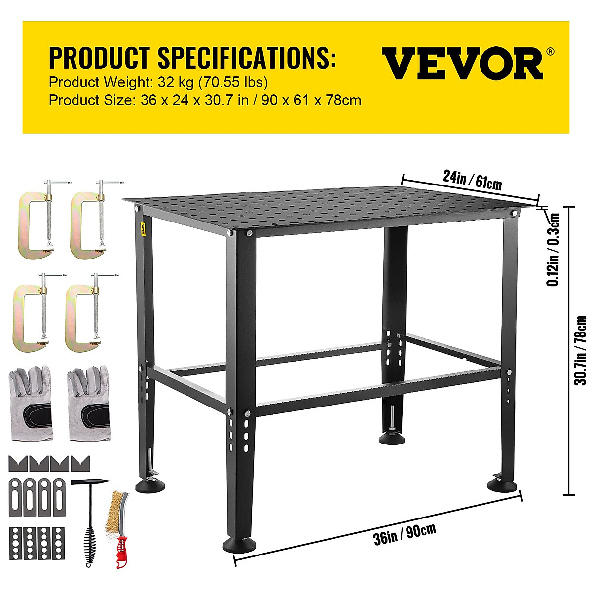 VEVOR Welding Table, 36" x 24" Adjustable Workbench, 0.12" Thick Industrial Workbench, 600lb Load Capacity Metal Workbench, Heavy Duty Carbon Steel Welding Table, Gray Steel Work Table w/Accessories