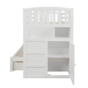 Harper & Bright Designs Twin Over Full/Twin Bunk Bed with 3 Drawers, 4 Storage and Cabinet Door, Twin-Over-Full Convertible Bottom Bed for Bedroom, Dorm, for Family, Kids, Teens, No Box Spring Needed