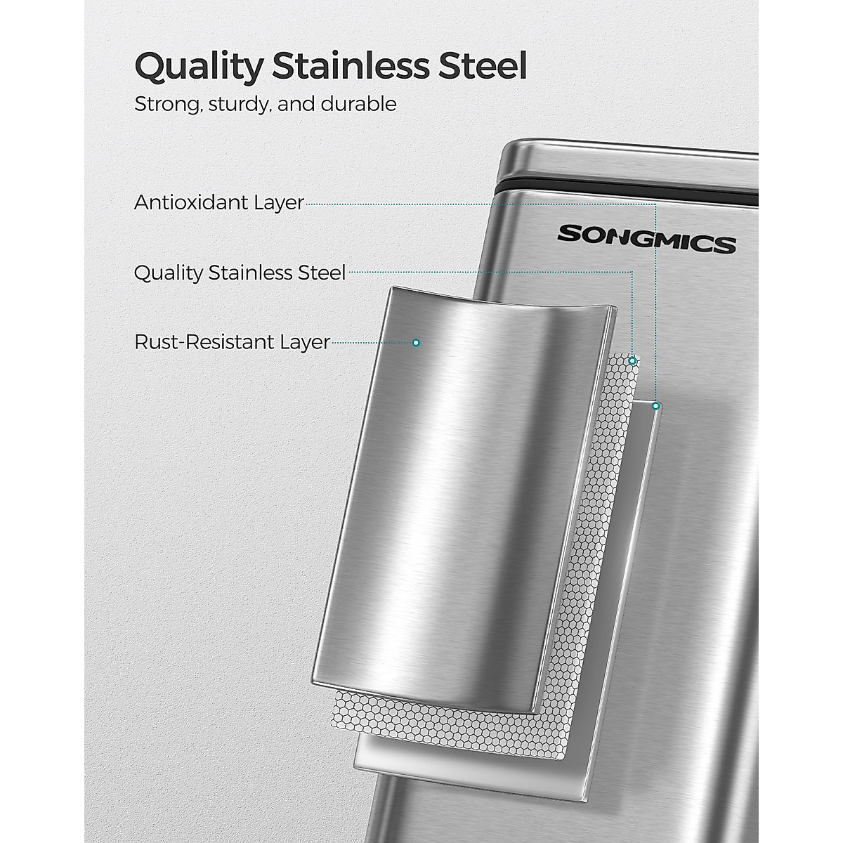 SONGMICS Bathroom Trash Can and Toilet Brush Set, 1.3 Gallon Small Trash Bin with Lid, Slim for Small Spaces, Stainless Steel Garbage Can, Soft Close, Silver ULTB560E0501