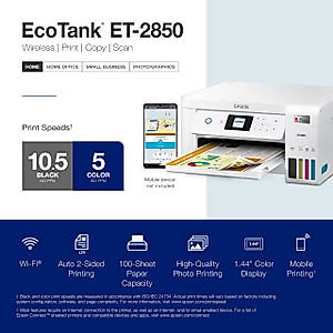 Epson EcoTank ET-2850 Wireless Color All-in-One Supertank Inkjet Printer, White - Print Scan Copy - 10 ppm, 4800 x 1200 dpi, Auto 2-Sided Printing, Voice-Activated
