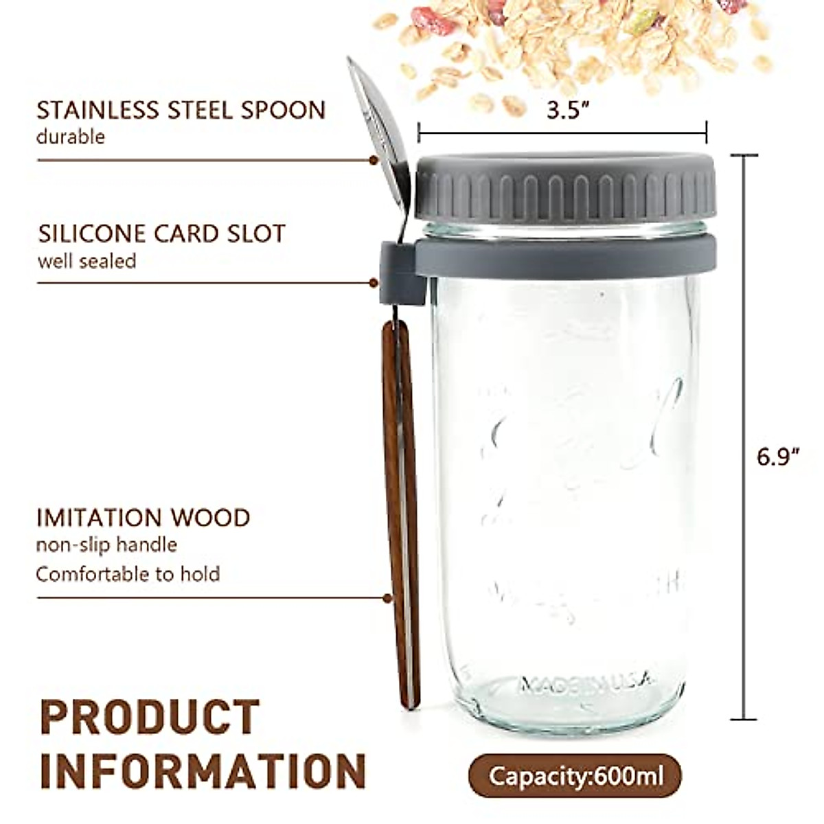 Overnight Oats Containers with Lids and Spoon 2Pack 20OZ Overnight Oat Jars with Measurement Marks Larger Glass Airtight Oatmeal Container Wide Mouth Mason Jars for Meal Prep Chia Yogurt Salad Cereal