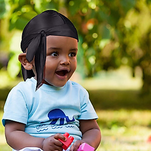 10 Pieces Kids Satin Silk Durag with Wave Caps Set Unisex Baby Durags 360 Wave Wide Strap Headwraps Long Tail Turban Beanies (Silver, Black, Royal Blue, Red, Green)
