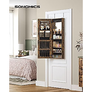 SONGMICS Jewelry Cabinet Armoire, Wall/Door Mount Storage Organizer with Full-Length Mirror, Lockable Cabinet with Built-in Small Mirror, Shelves, Gift Idea, Rustic Brown UJJC003X01