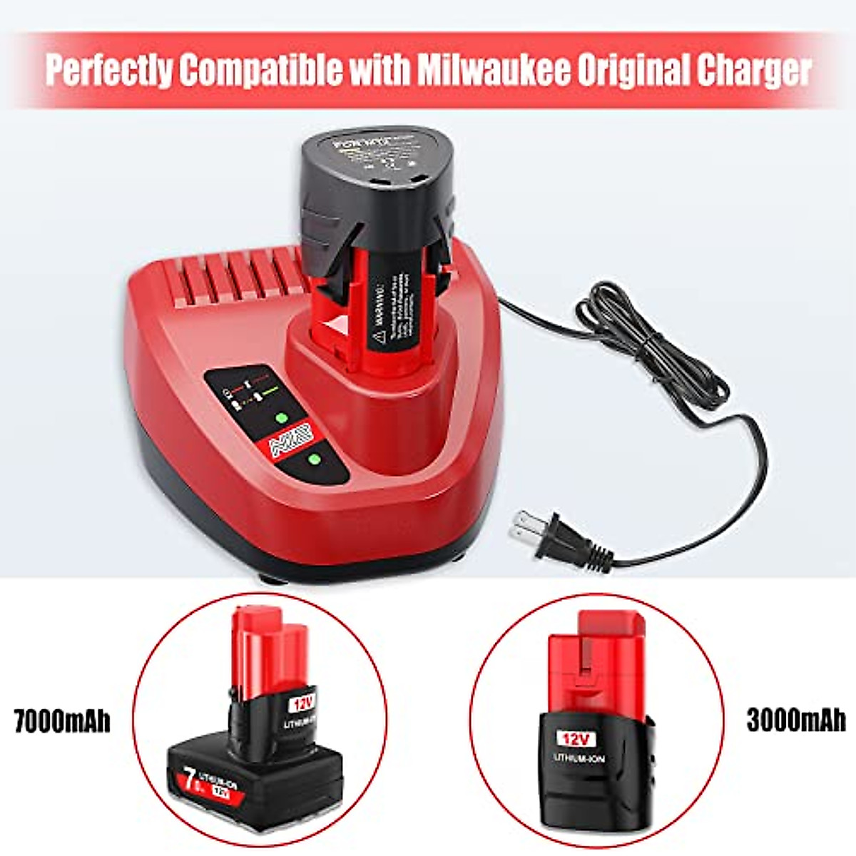 Bonacell 2 Pack Replacement for Milwaukee 12V Battery 3.0Ah and 7.0Ah Lithium Battery Packs Compatible with Milwaukee M12 Battery and Charger Kit