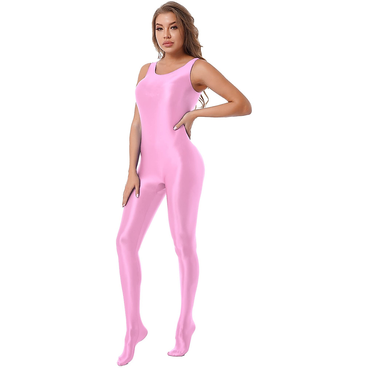 Manyakai Women Glossy Athletic Sleeveless Tank Full Body Leotard Gymnastics Bodysuit Workout Yoga Costume Pink Medium