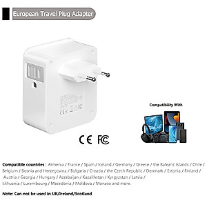 [2 Pack] European Travel Plug Adapter,HRpart International Power Adapter,with 20W PD3.0&QC3.0 Ports,High-Speed Charging for Mobile Phones,Travel Essentials from USA to Europe White