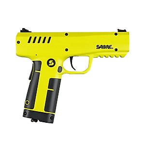 SABRE Pepper Projectile Launcher, Home Defense. Mag holds 7 .68 Caliber projectiles, Adjustable Fiber Optic Sights, Direct Impact Up to 60ft. Area Saturation Up to 175ft, 350 FPS Velocity. 12g CO2
