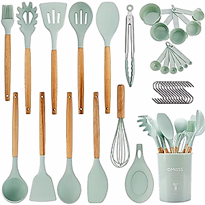Kitchen Utensils Set, QMVESS 35 Pcs Non-Stick Silicone Cooking Utensils Set with Holder, Sturdy Wooden Handle, Heat Resistance Silicone Spatula Spoon Kitchen Gadgets Utensils Set (Light Green)