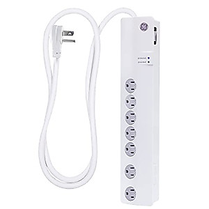 GE Pro 7-Outlet Surge Protector, 3ft. Power Cord, Twist-to-Lock Safety Covers, White, 34768