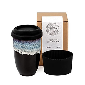 NOVA CERAMICS Reusable Coffee Cup, Ceramic Travel Mug with Lid, Portable Coffee Cup, Unique to Go Mug, Microwave, Dishwasher Safe, 12oz, Black with Running Blue Glaze, Monsoon