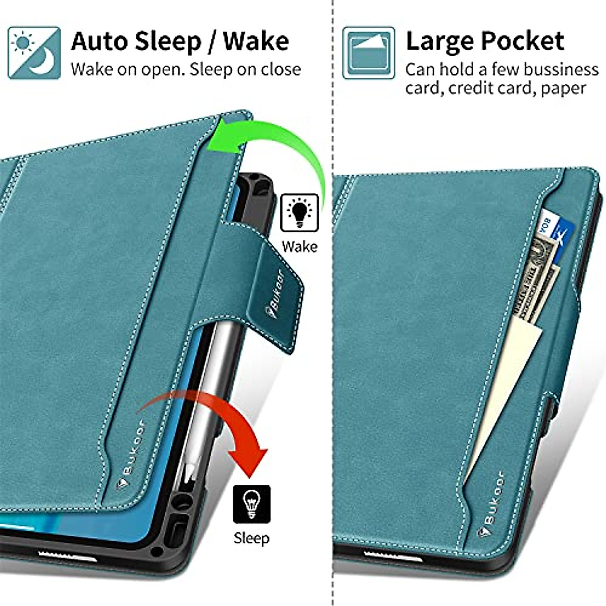 BuKoor iPad Pro 11 inch Case 2022 4th/3rd/2nd/1st Generation Case (2021/2020/2018) with Pencil Holder, Auto Sleep/Wake Function Smart PU Leather with Pocket Shockproof Magnetic Clasp Cover (Green)