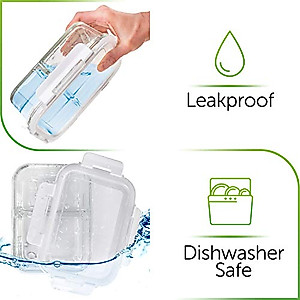 PrepNaturals Glass Meal Prep Containers Glass Food Storage Containers with Lids - 2 Compartment Glass Lunch Containers (10 Pack) Glass Storage Containers with Lids Glass Containers for Food Storage