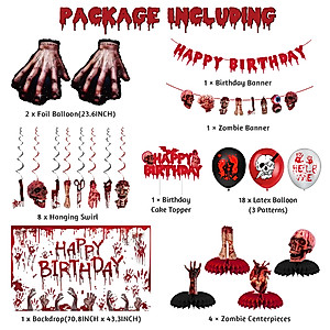 DARUNAXY Halloween Birthday Party Decorations, Red Halloween Happy Birthday Banner, Scary Handprint Balloons & Cake Topper, Horror Fake Broken Hands Dismember Honeycomb Hanging Swirl Balloons(36PC)