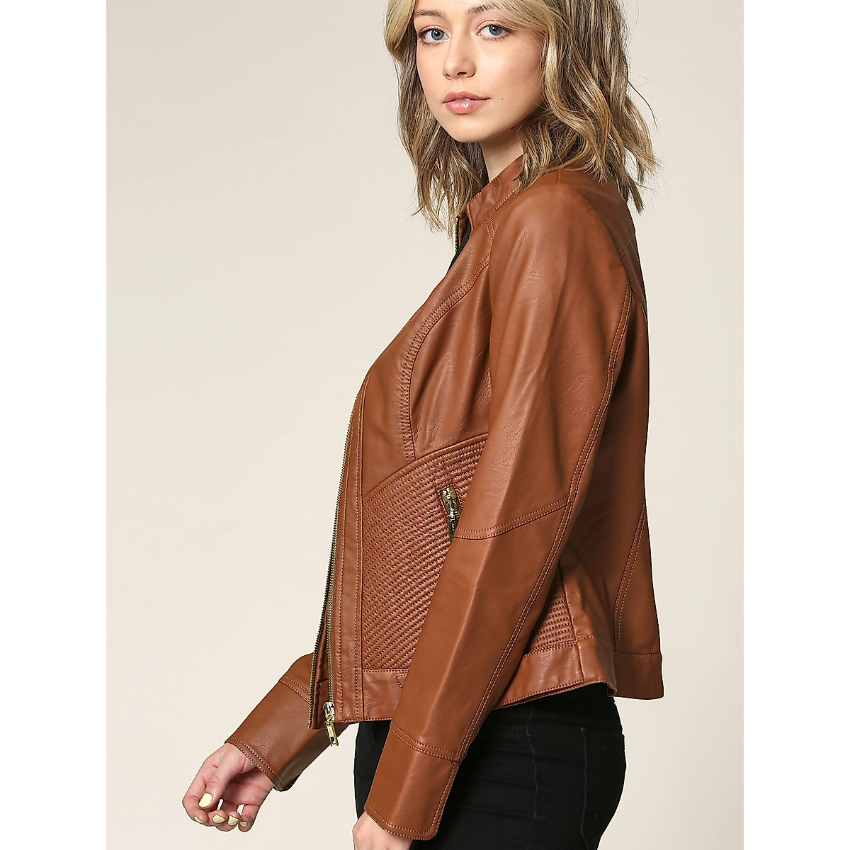 Lock and Love LL WJC747 Womens Dressy Vegan Leather Biker Jacket L Camel
