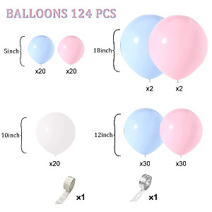 Gender Reveal Balloon Arch Kit 124 Pcs Pink and Blue and White Balloons Garland Kit for Boys Girls Gender Reveal Decorations Wedding Baby Shower Birthday Party Decorations, 5+10+12+18 inch