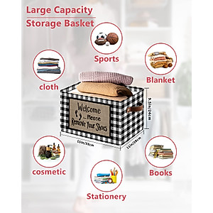 2 Pack Large Storage Baskets Bins Welcome Please Remove Your Shoes Collapsible Storage Box Laundry Organizer for Closet Shelf Nursery Kids Bedroom Rustic Black White Plaid
