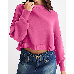 MEROKEETY Oversized Cropped Sweaters for Women Fall 2025 Trendy Crewneck Batwing Sleeve Knit Tops Side Slit Pullover Sweater Jumper HotPink Small