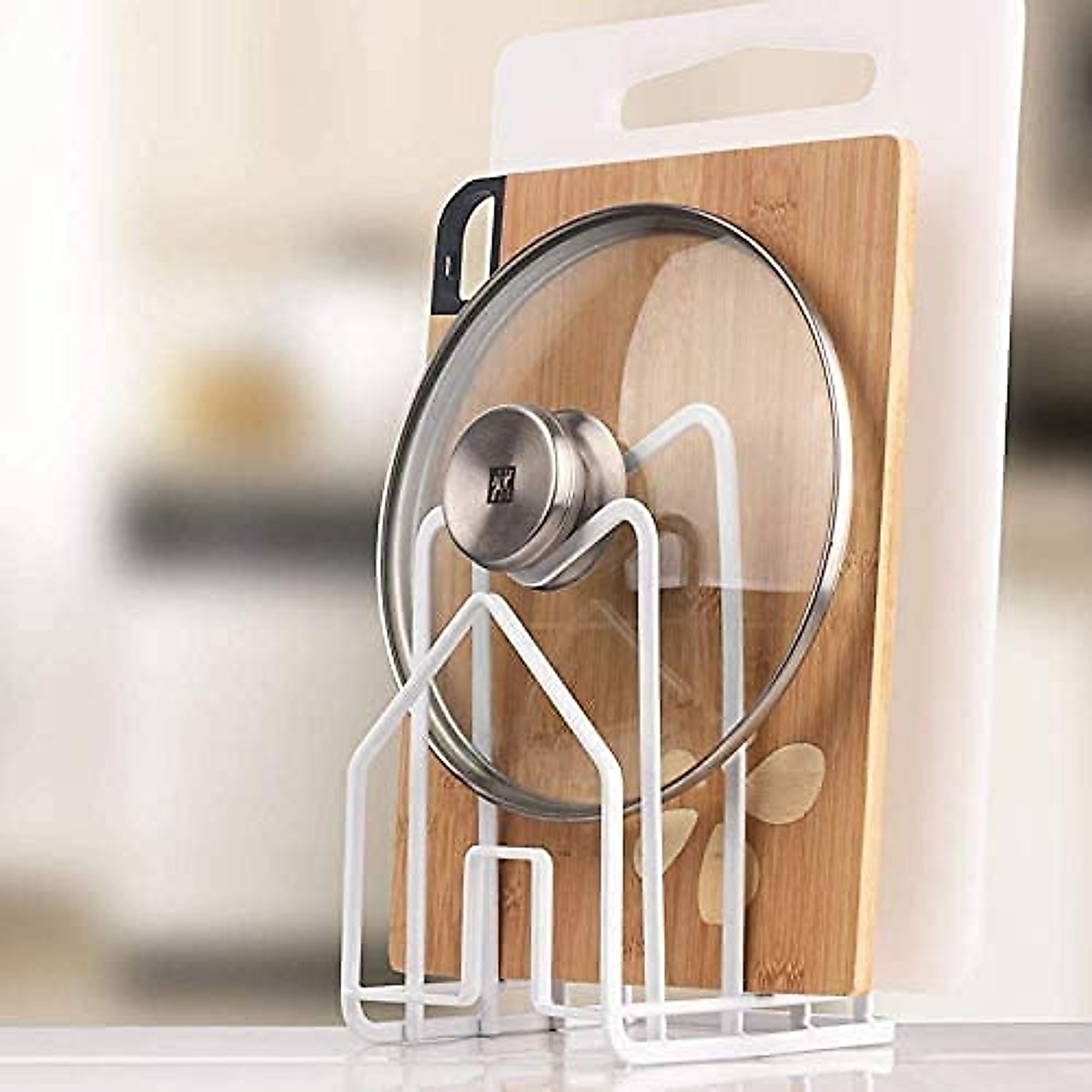 LINFIDITE Cutting Board Rack Chopping Board Organizer Stand Holder Kitchen Countertop Pots Pan Lids Rack Organizer Flat Steel 4.92Lx5.71Wx8.46H in. White