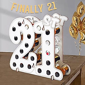 21st Birthday Decorations for Her Wooden Centerpieces for Tables, 21 Mini Liquor Bottle Holder Party Decorations, Wine Bottles Stand Birthday Gifts for Him Liquor Shot Photo Shoot Props Sign (White Number 21)