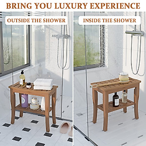Domax Bamboo Shower Benches for Inside Shower - Bathroom Bench Seat Waterproof Wooden Shower Stool with Storage Shelf for Adults Elderly Seniors Wood Shower Chair for Bathtub or Small Spaces (Walnut)